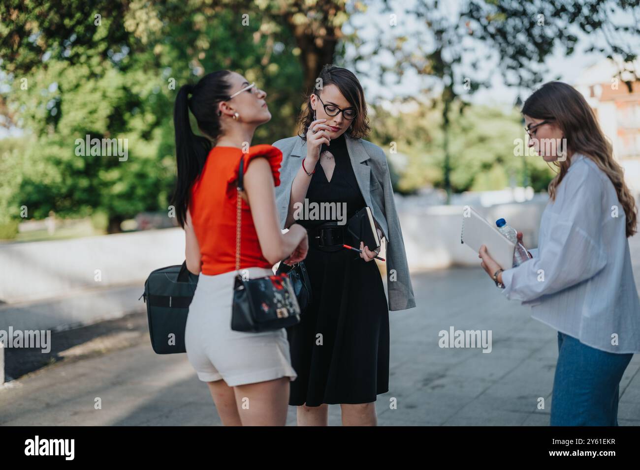 Group of businesswomen having an outdoor discussion with notebooks ...