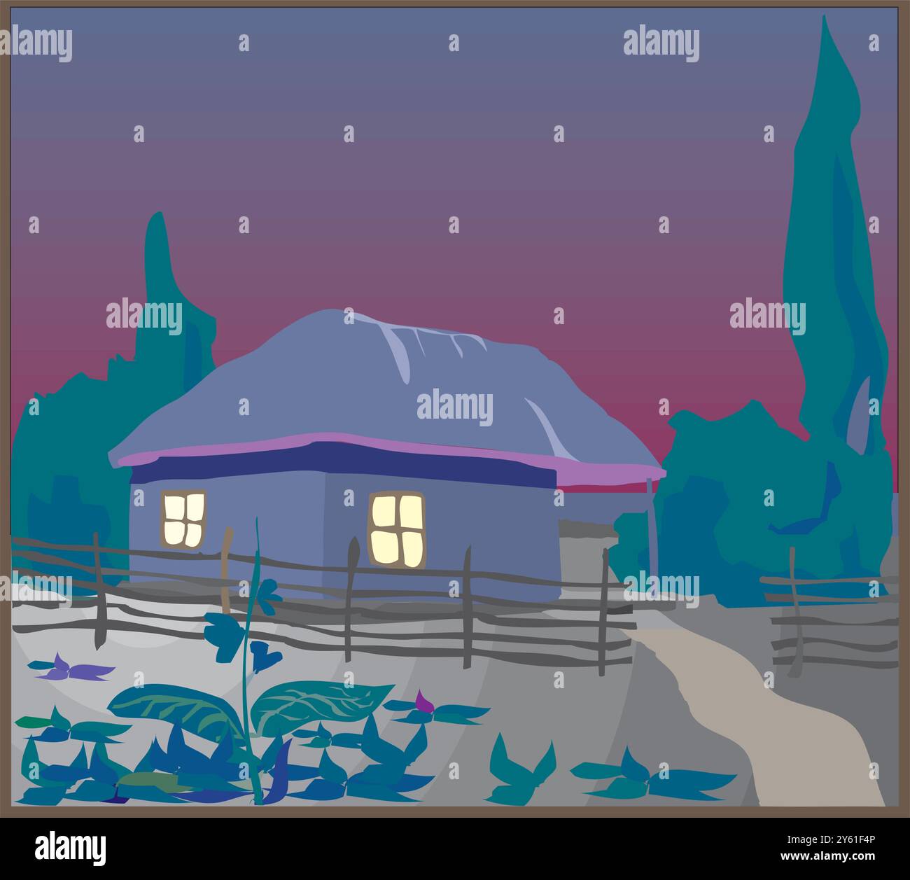 isometric Farm at Night with mills barn and silo hay fence and street ...