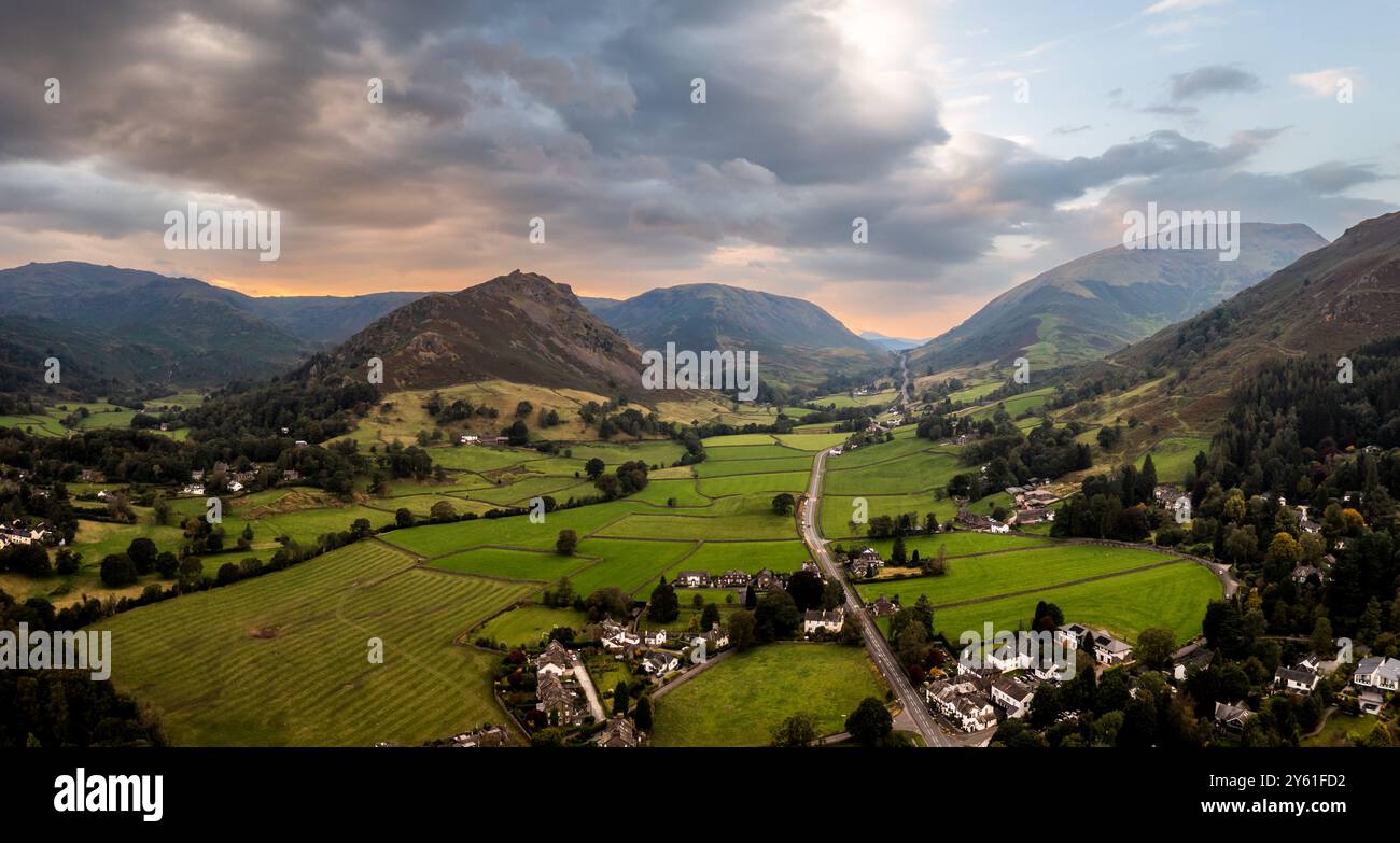 Aerial panoramic landscape of the village of Grasmere in The Lake ...
