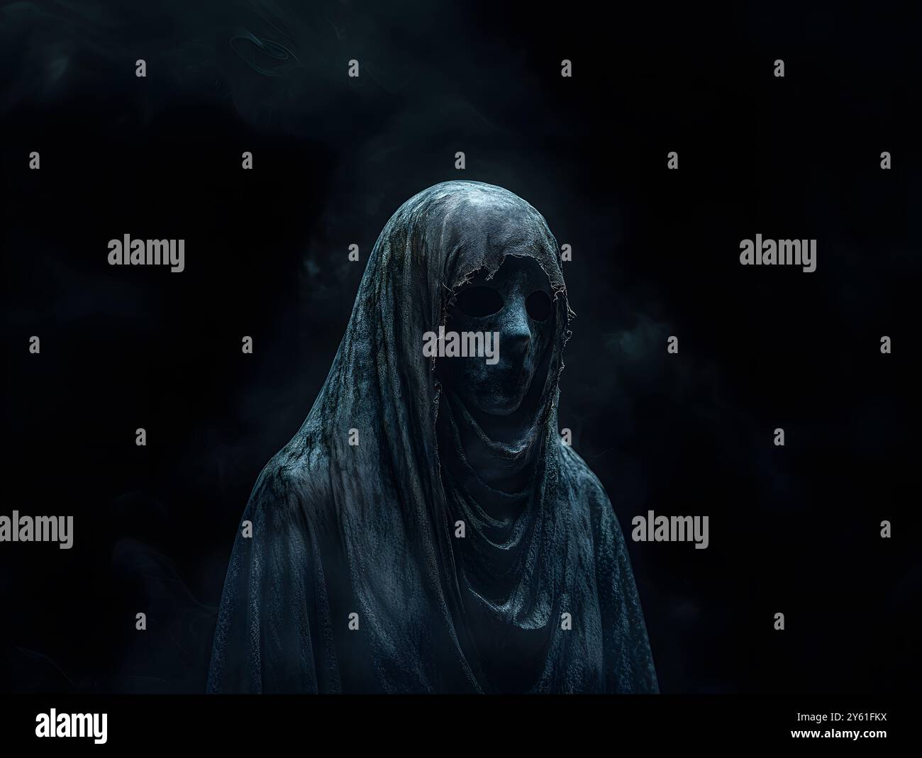 This haunting image features a ghostly figure shrouded in darkness, evoking eerie emotions. The ...