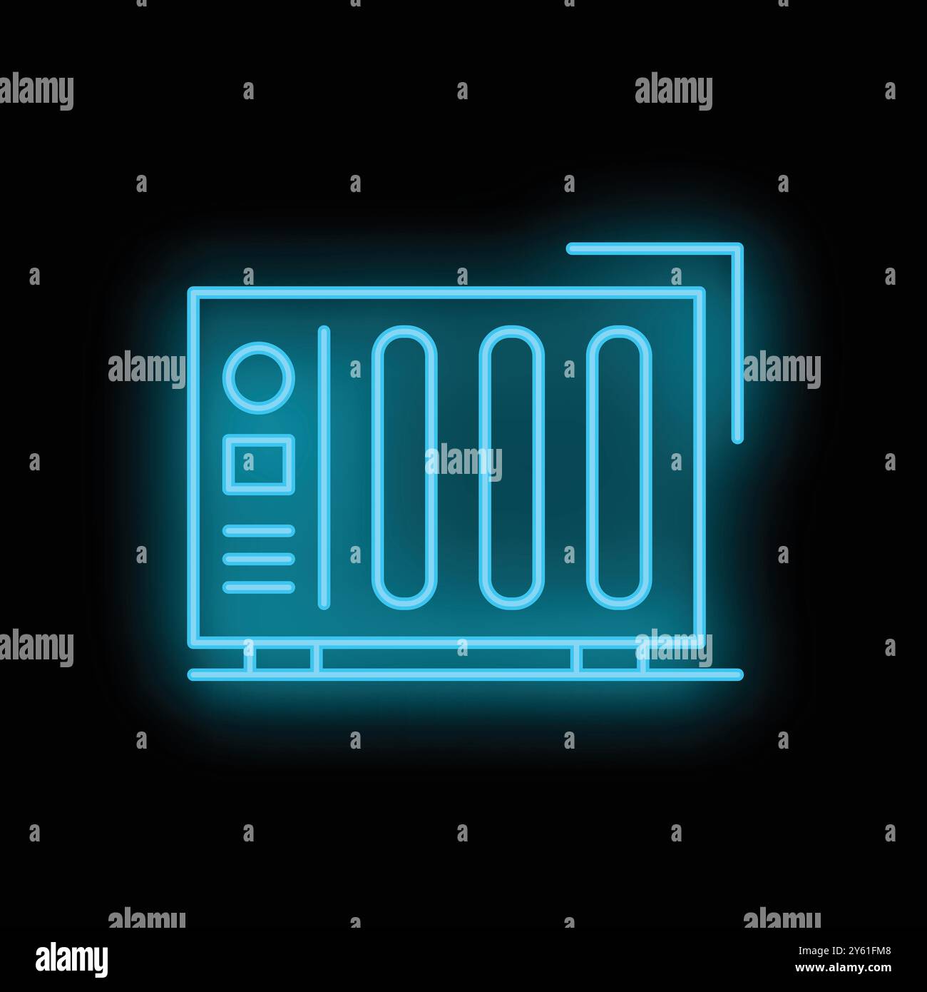 Blue neon sign representing an electric heater with buttons, glowing on ...