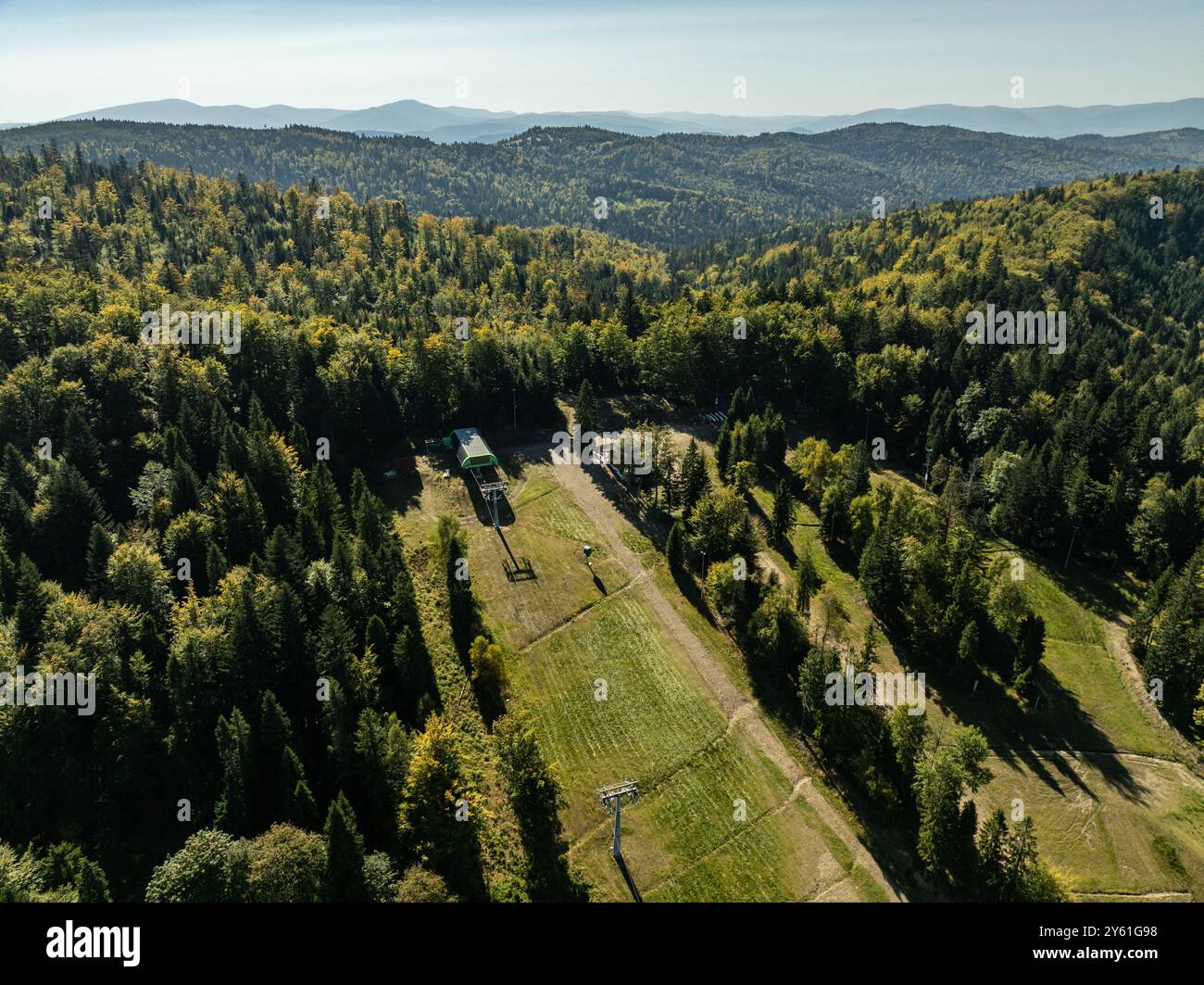 Little Beskids mountain range.Aerial drone view of Rzyki Village in ...