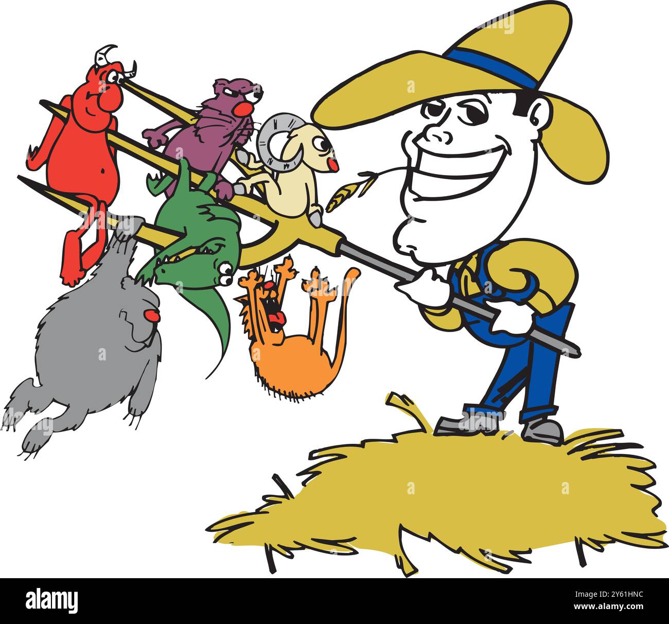 Cartoon farmer holding a field fork with Common Insect and animal Pests ...