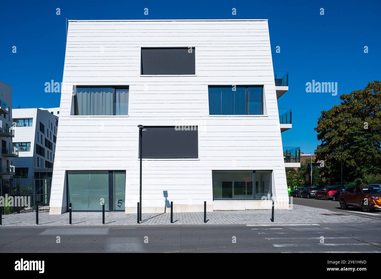 Liège, Belgium, AUG 10, 2024 - Contemporary design of a white small ...