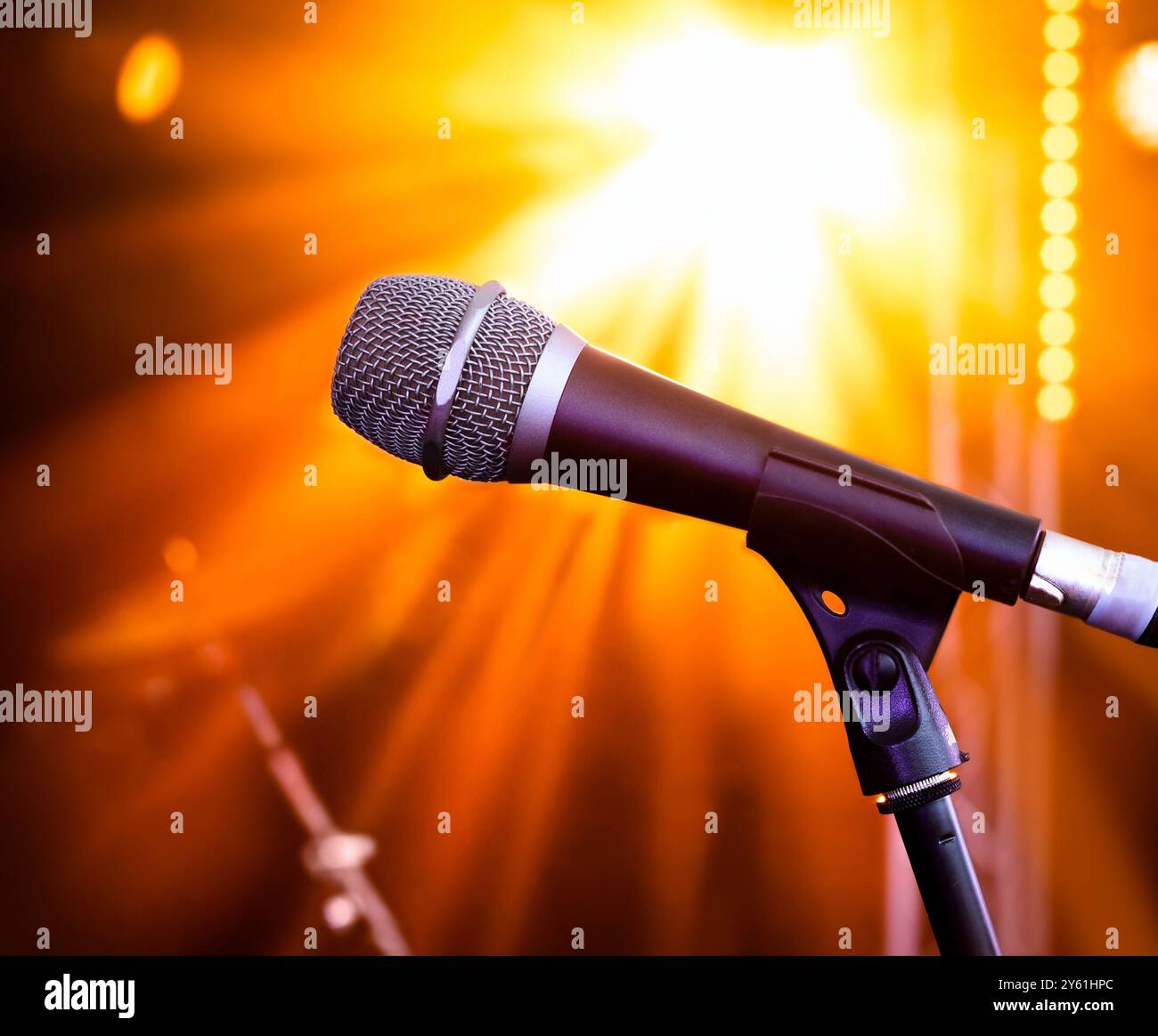 Microphone On Stage With Bright Lights. Ambient stage lighting on vocal ...