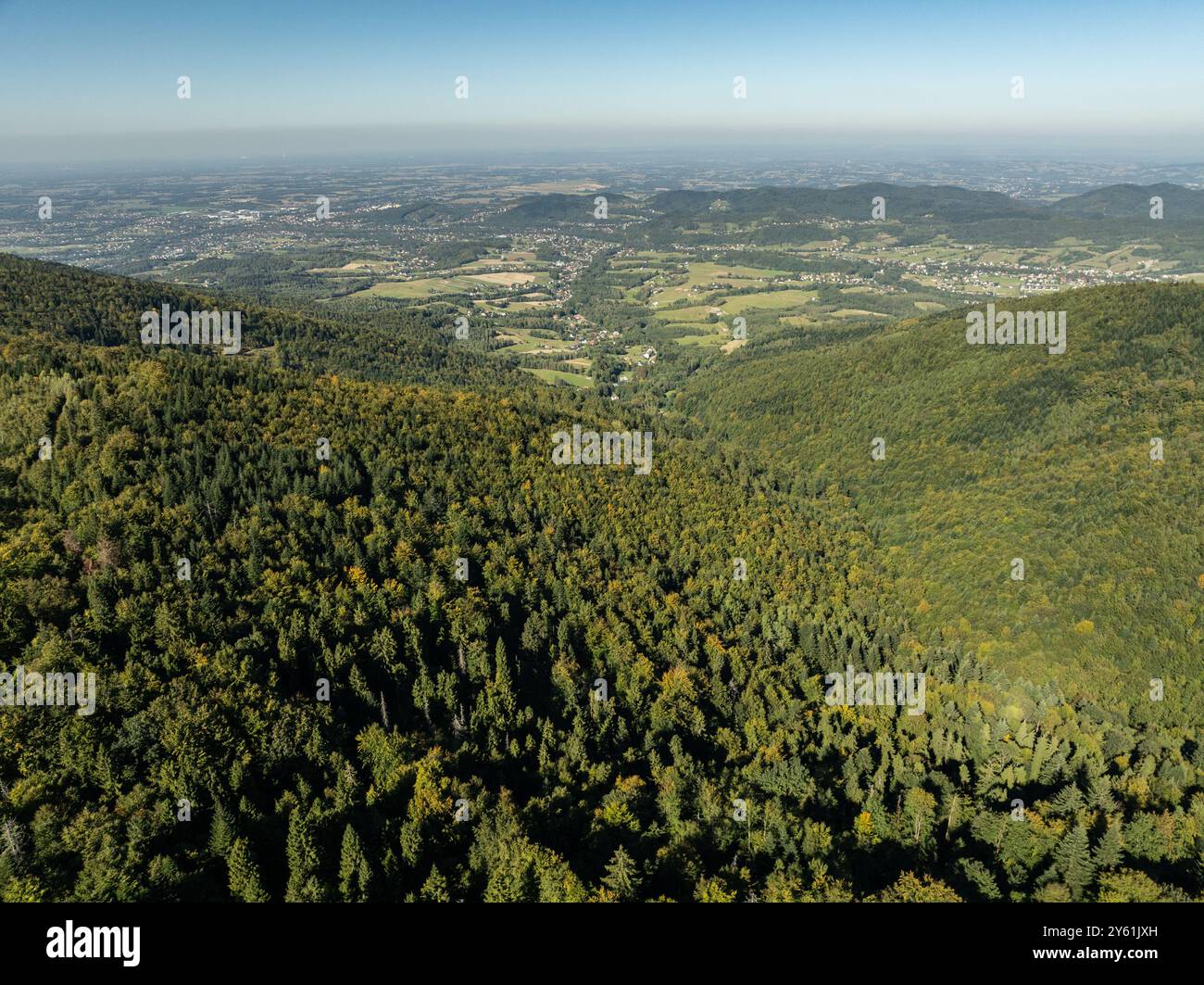 Little Beskids mountain range.Aerial drone view of Rzyki Village in ...