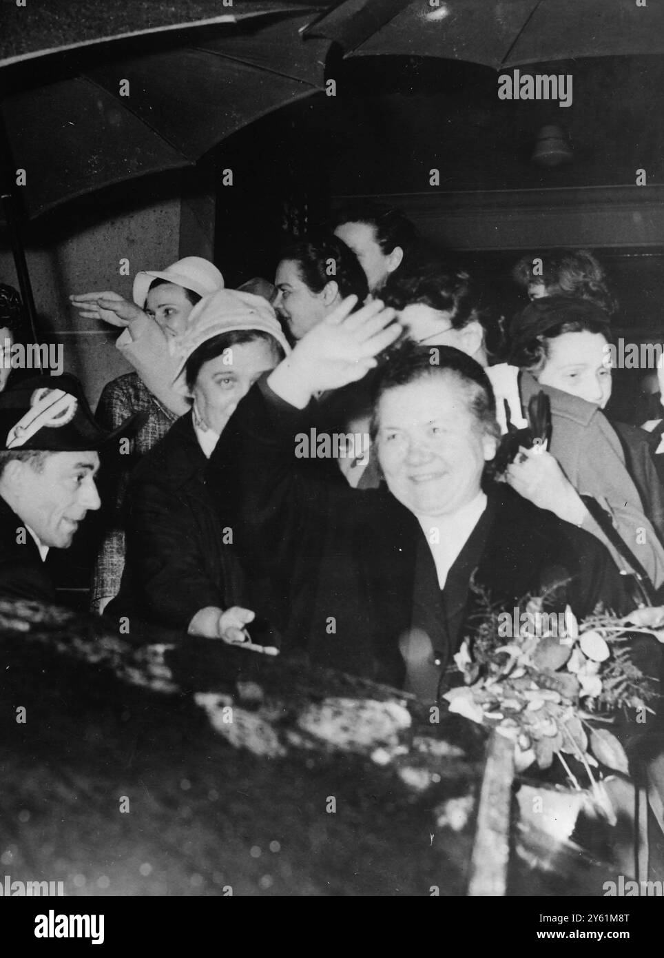 MRS NINA PETROVNA KHRUSHCHEV WAVES AS SHE LEFT THE PARISIAN GIRL SCHOOL ...