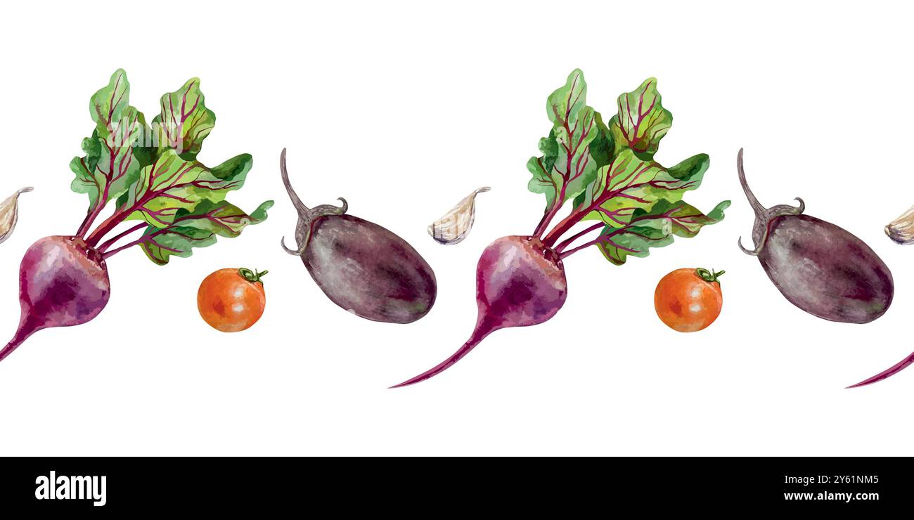 Beetroot, eggplant, tomato, garlic watercolor. Vegetable seamless ...