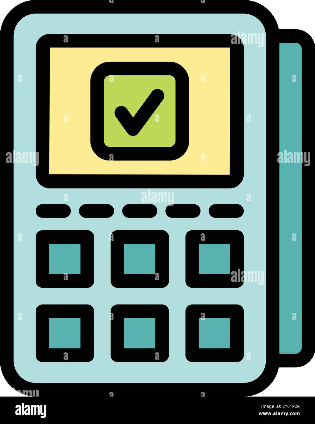 This bright color icon shows a payment terminal displaying a ...