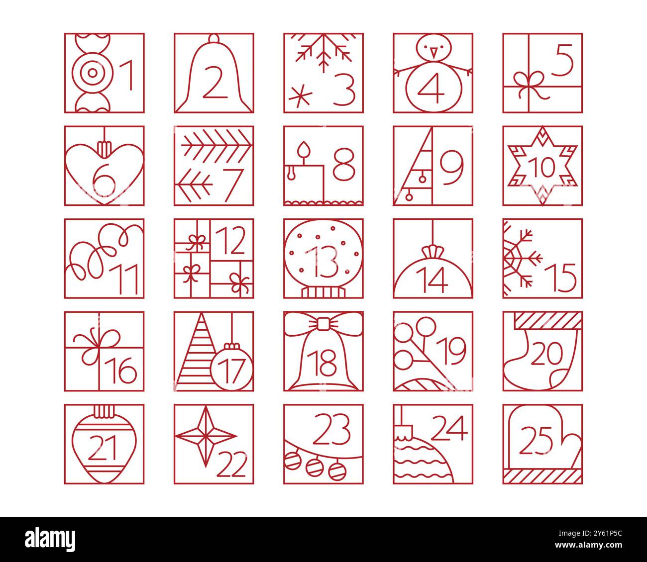 Christmas Advent Calendar elements with cute line illustrations. Simple ...