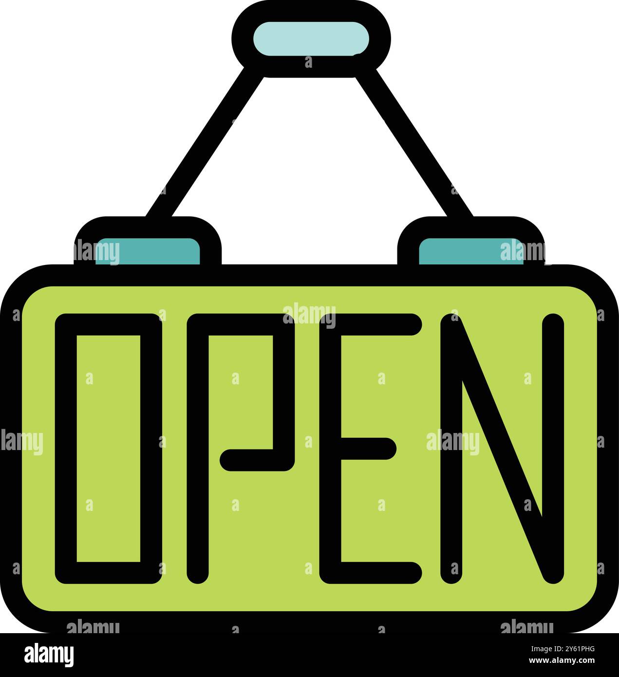 Green open sign hanging from a metal bar and announcing business hours ...
