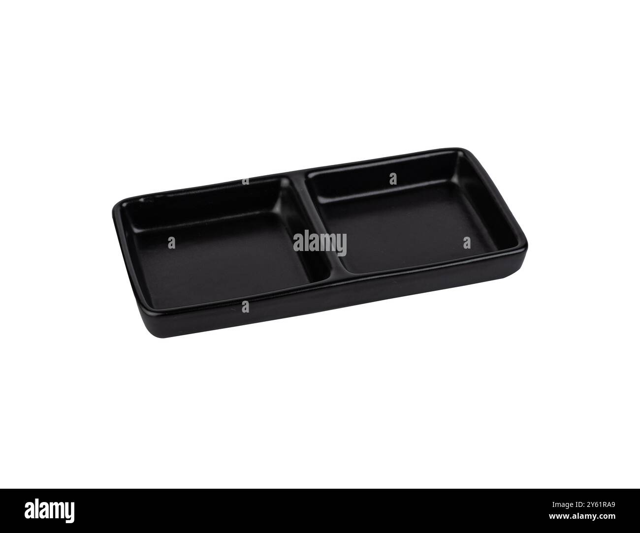 Two compartment black ceramic snack serving tray isolated over white ...