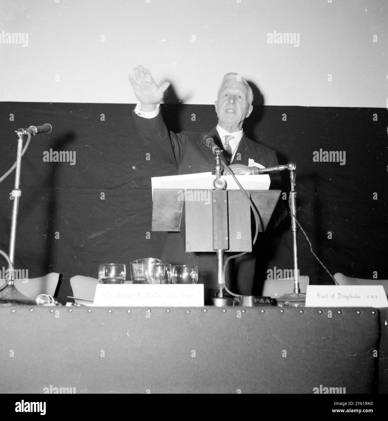 DOCTOR BARNES WALLIS SPEAKING AT THE INDUSTRIAL AND TRADE FAIR ...