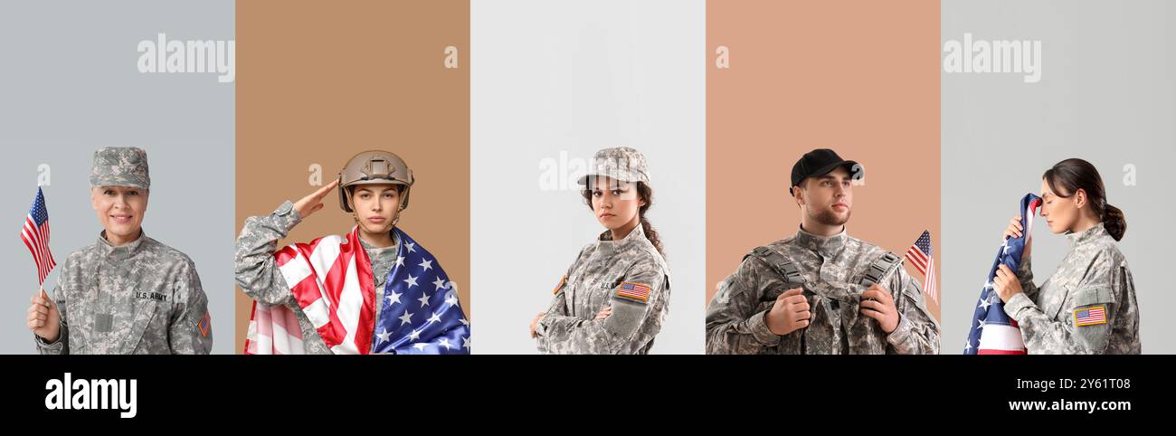 Set of soldiers with USA flags on color background Stock Photo - Alamy