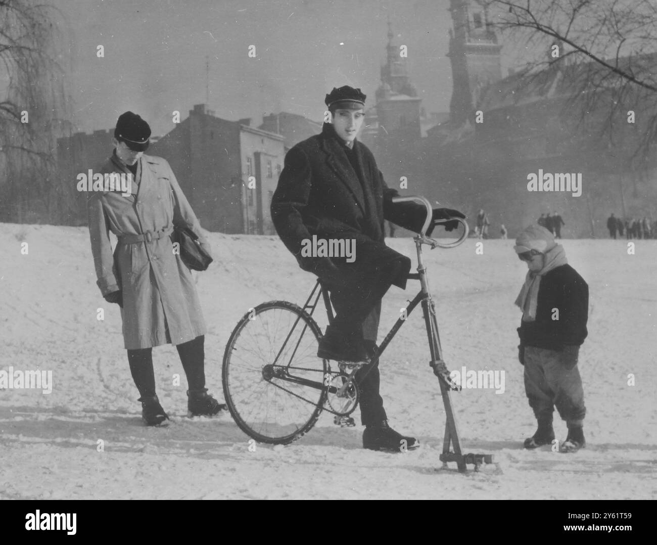 STUDENTS MAKE ONE WHEELED SKATE CYCLE KRAKOW POLAND 17 FEBRUARY 1960 ...