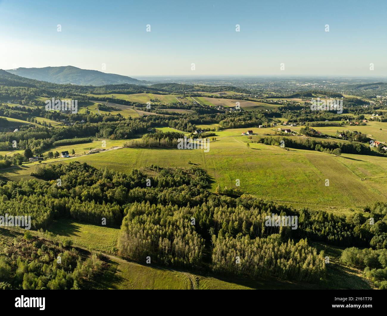 Little Beskids mountain range.Aerial drone view of Rzyki Village in ...