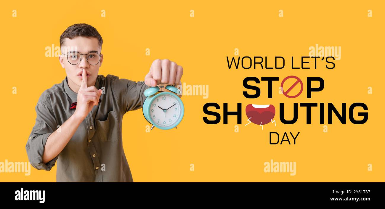 Banner for World Lets Stop Shouting Day with young man with alarm clock ...