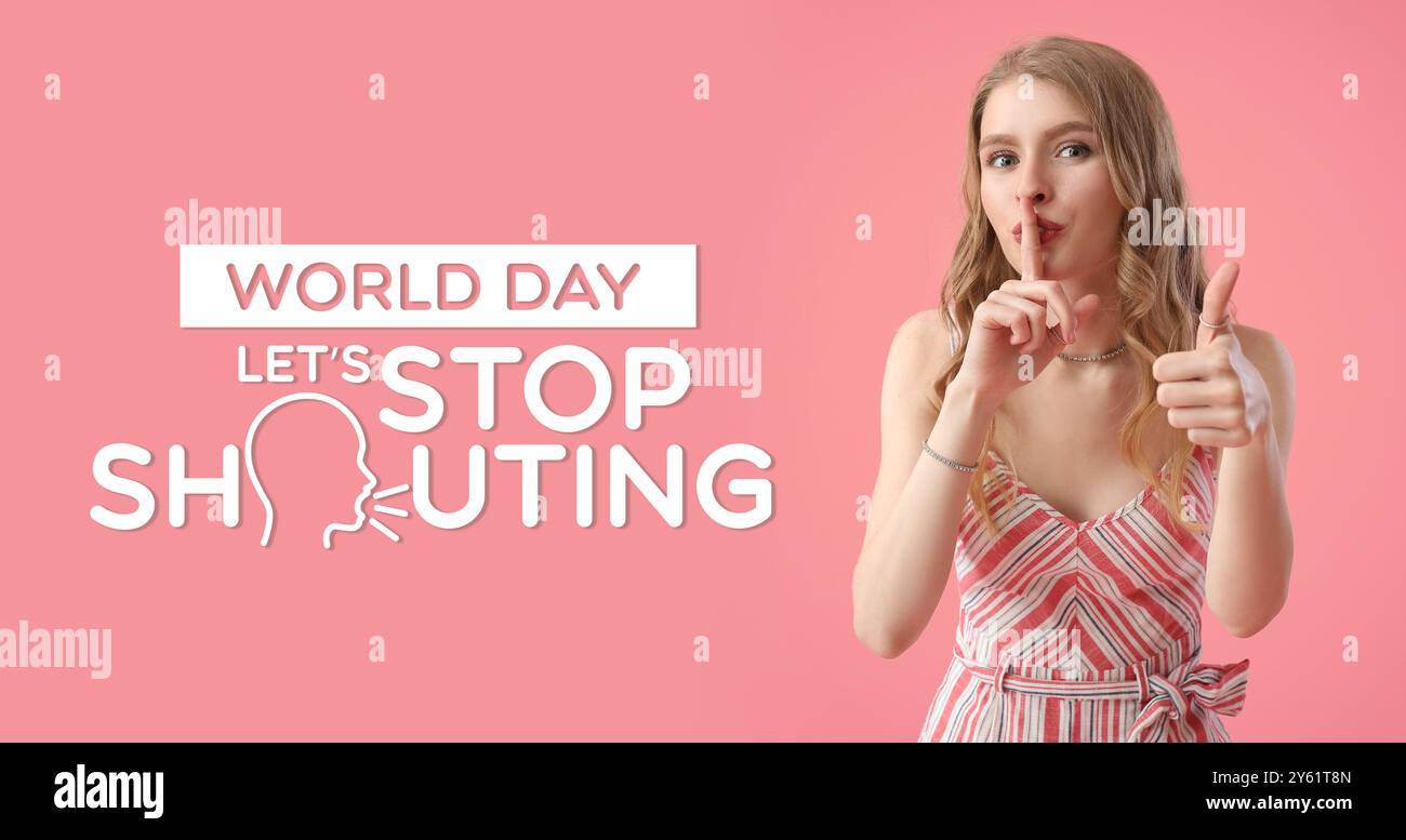 Banner for World Lets Stop Shouting Day with young woman showing ...