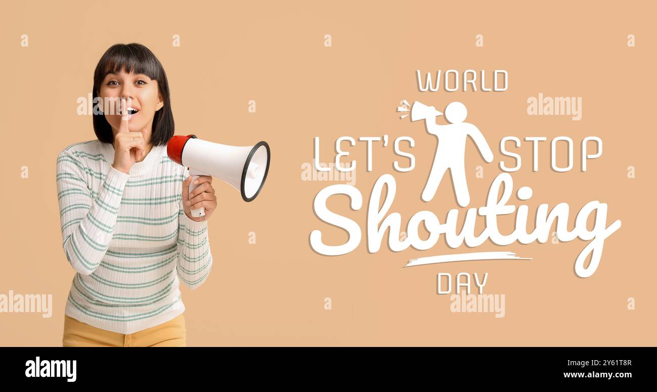 Banner for World Lets Stop Shouting Day with young woman with megaphone ...