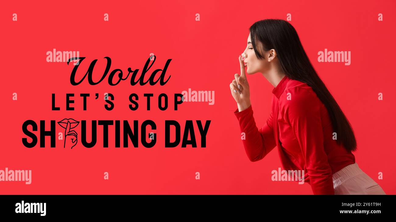 Banner for World Lets Stop Shouting Day with young woman showing ...