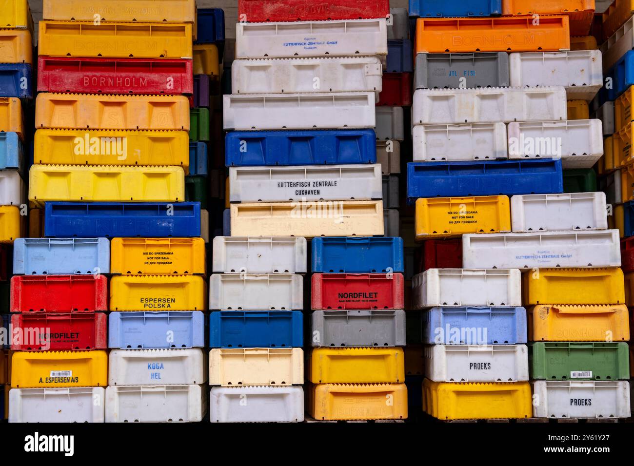 The city harbor of Sassnitz, island Rügen, boxes for fish waiting for ...