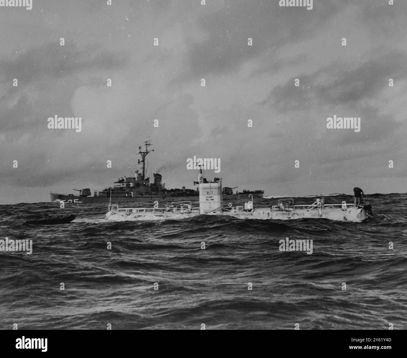 Off Guam , in the Pacific : The US Navy 's bathyscaphe Trieste lying on ...