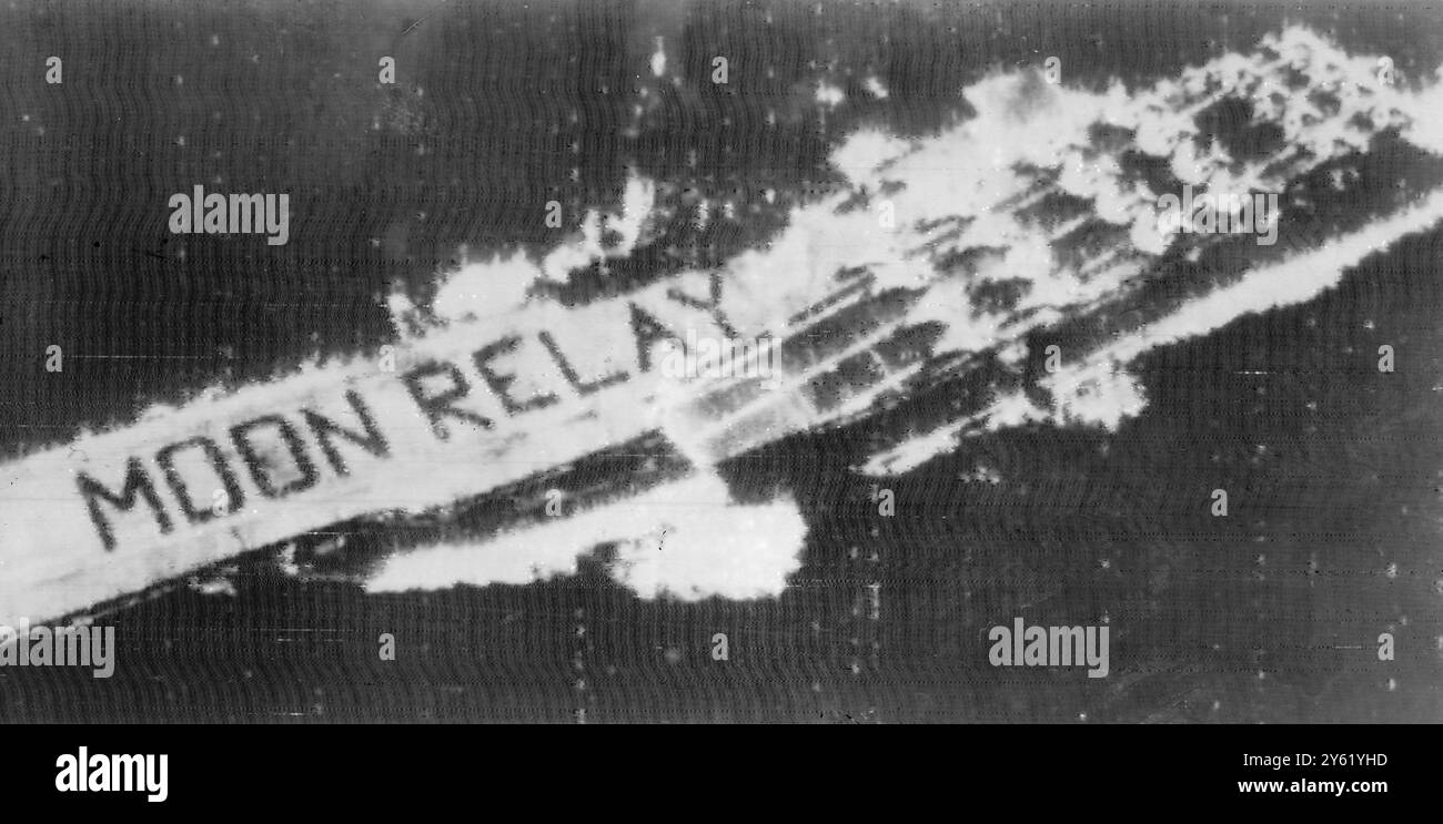 US NAVY AIRCRAFT CARRIER HANCOCK SPELLS OUT " MOON RELAY " WITH ITS ...