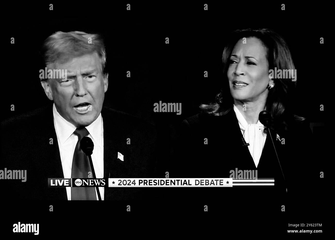 A television screen shot of the Sept. 10, 2024, presidential debate ...