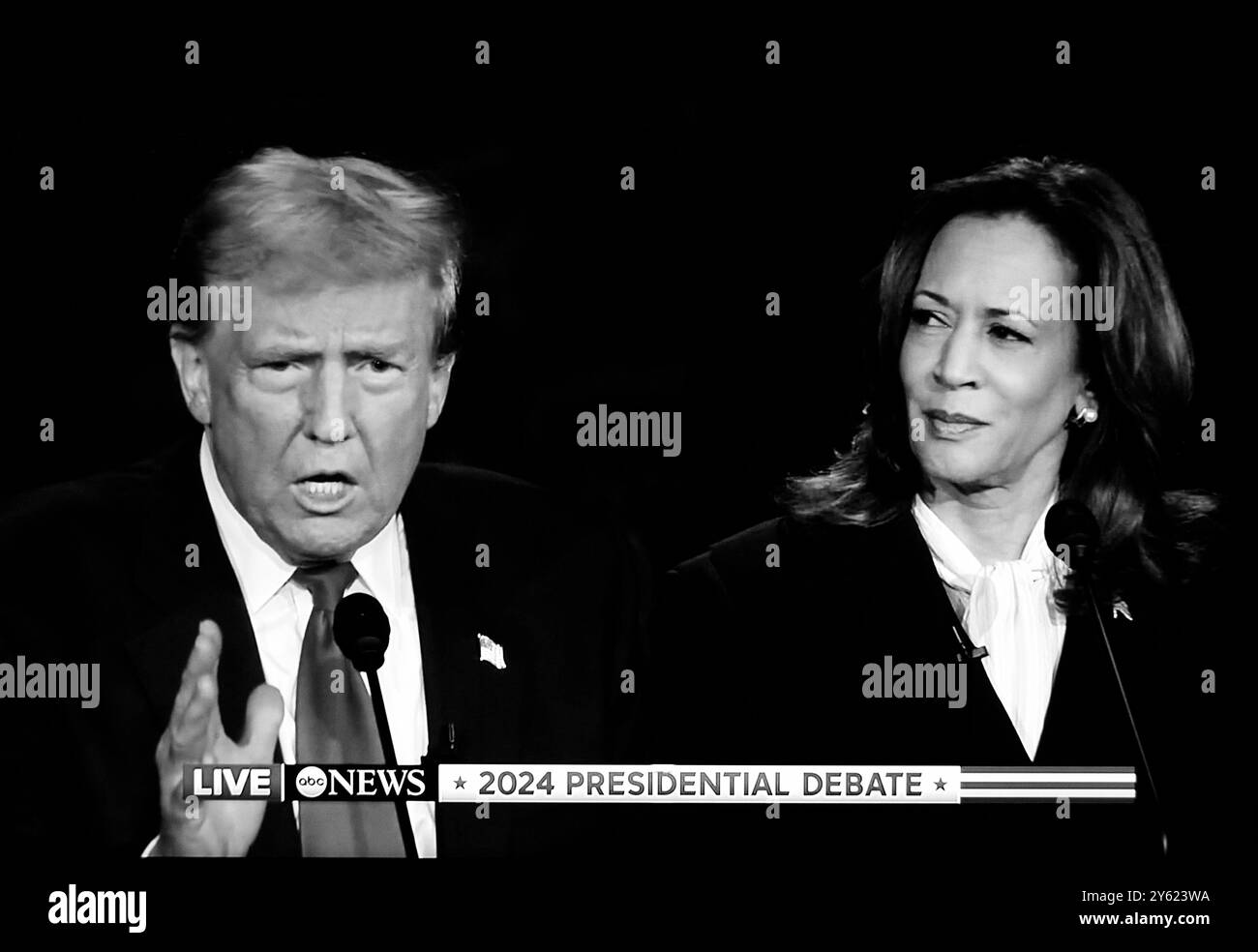 A television screen shot of the Sept. 10, 2024, presidential debate ...