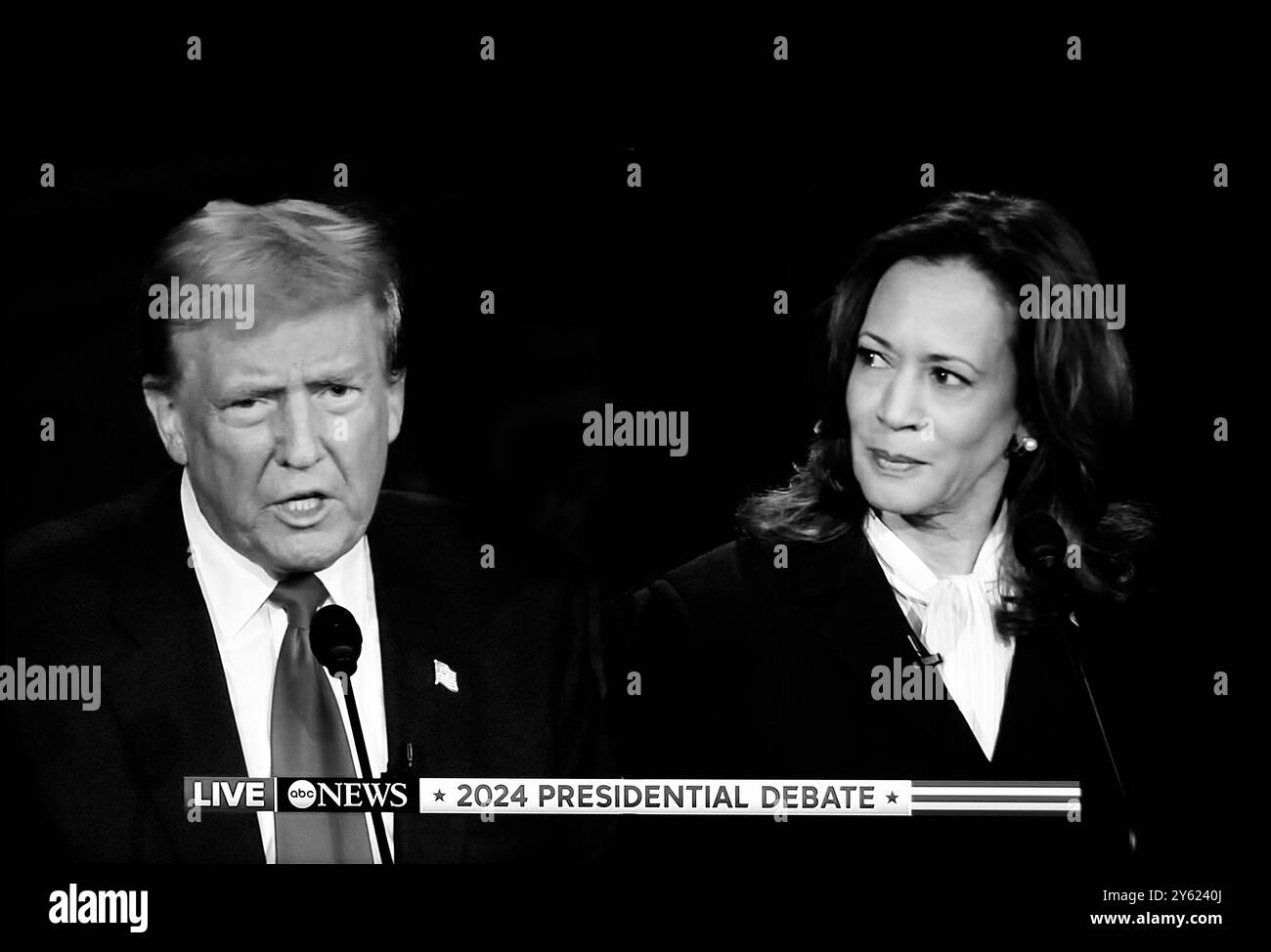 A television screen shot of the Sept. 10, 2024, presidential debate ...