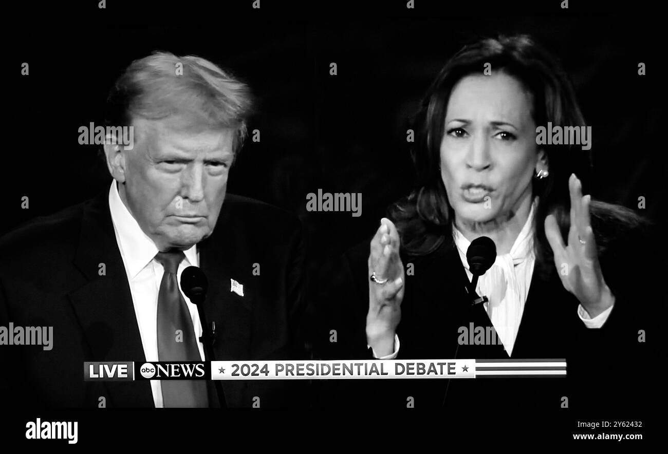 A television screen shot of the Sept. 10, 2024, presidential debate ...