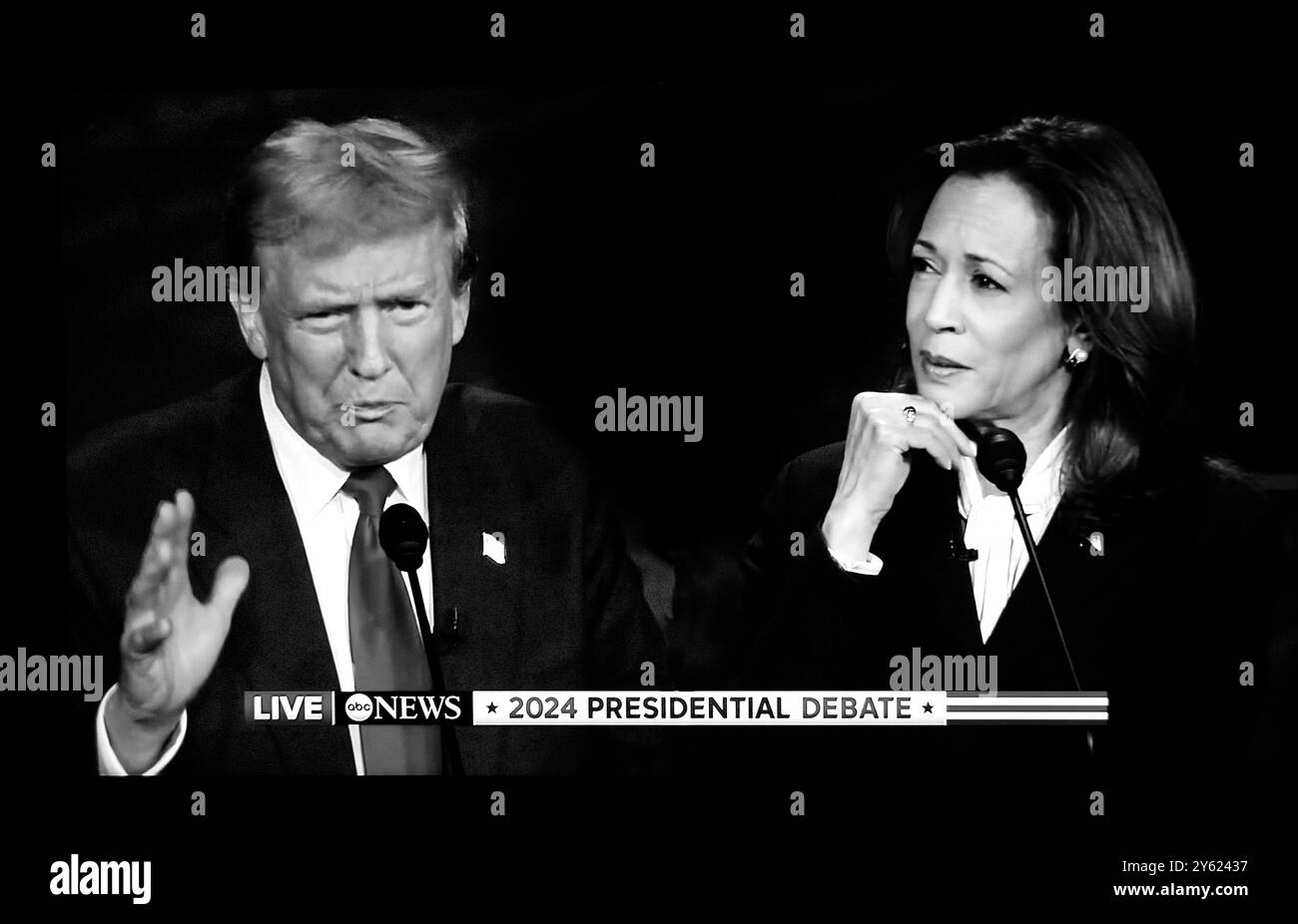 A television screen shot of the Sept. 10, 2024, presidential debate ...