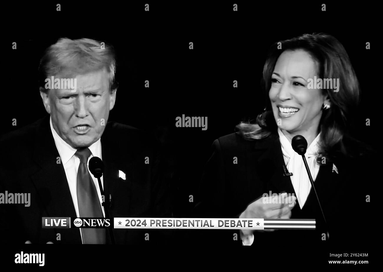 A television screen shot of the Sept. 10, 2024, presidential debate ...