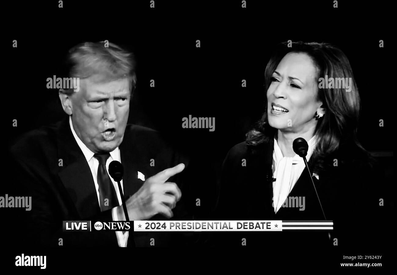 A television screen shot of the Sept. 10, 2024, presidential debate ...