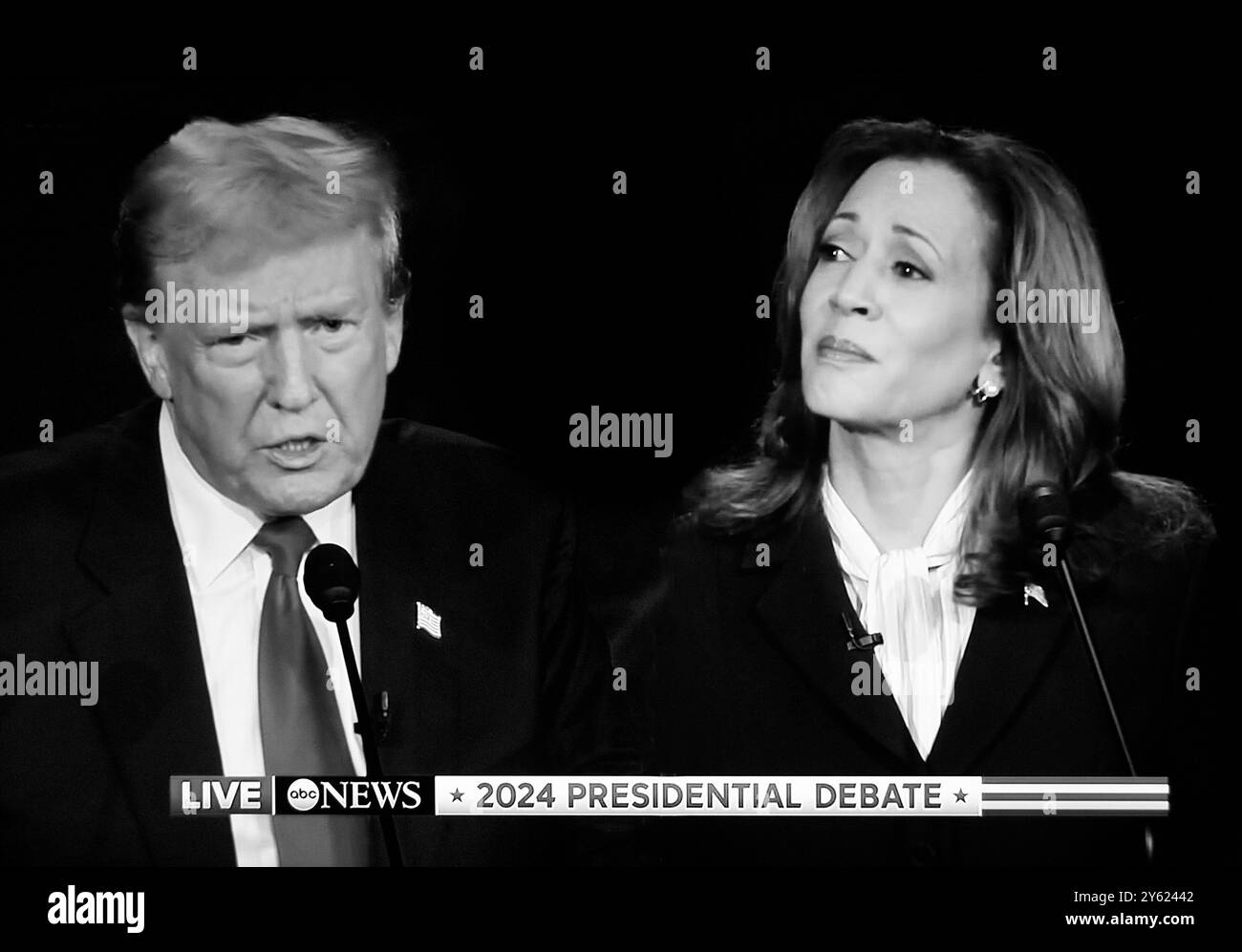 A television screen shot of the Sept. 10, 2024, presidential debate ...