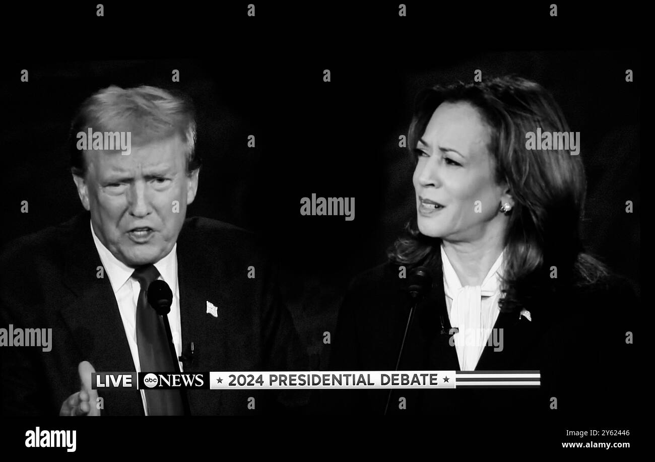 A television screen shot of the Sept. 10, 2024, presidential debate ...