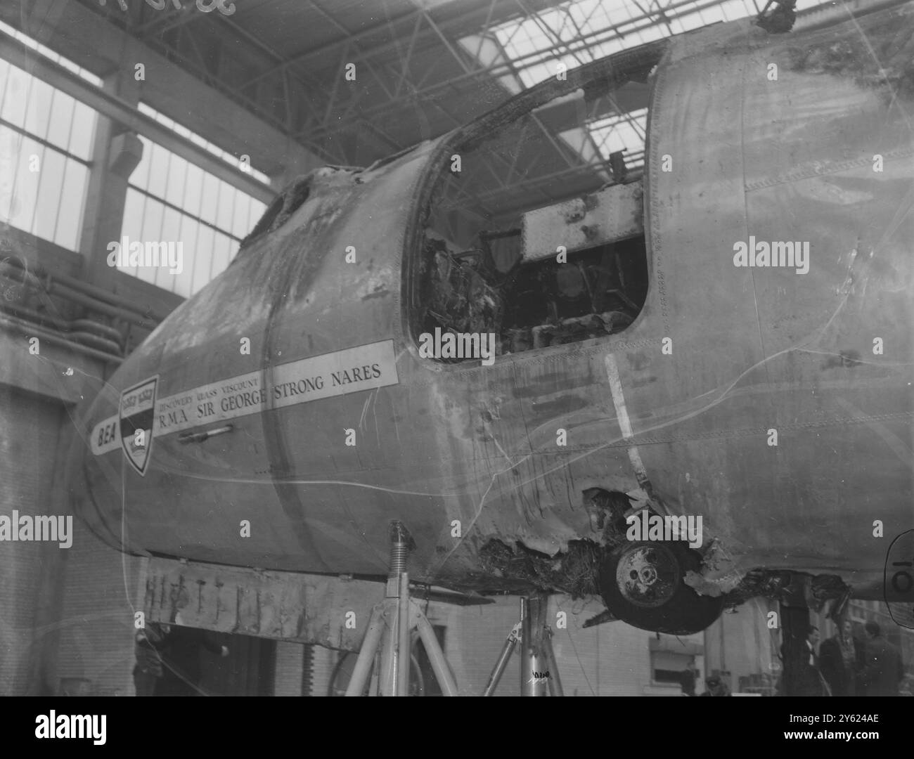 A CLOSE UP OF THE NOSE OF THE BEA VISCOUNT AIRCRAFT WHICH CAUGHT FIRE ...
