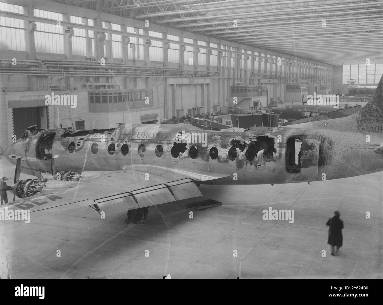 THE GUTTED BEA AIRCRAFT IN A HANGAR AT LONDON AIRPORT 7 JANUARY 1960 ...