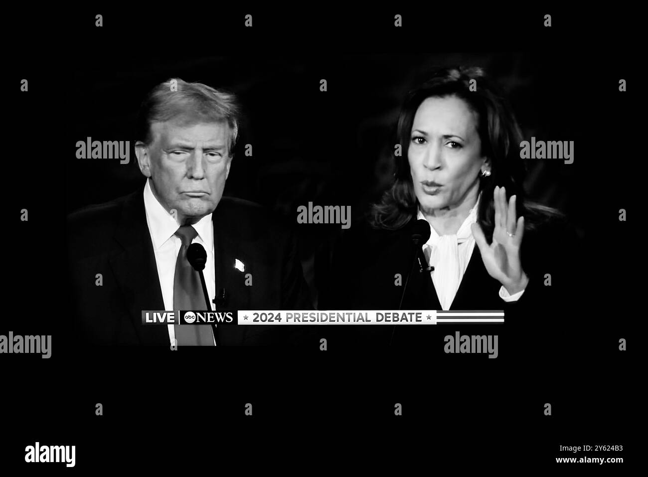 A television screen shot of the Sept. 10, 2024, presidential debate ...