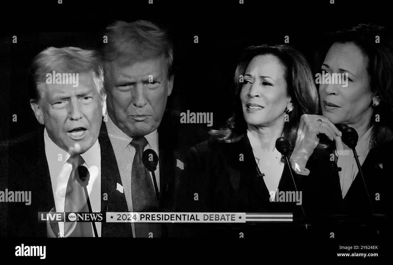 Double exposure of TV screenshots of the Sept. 10, 2024, presidential ...
