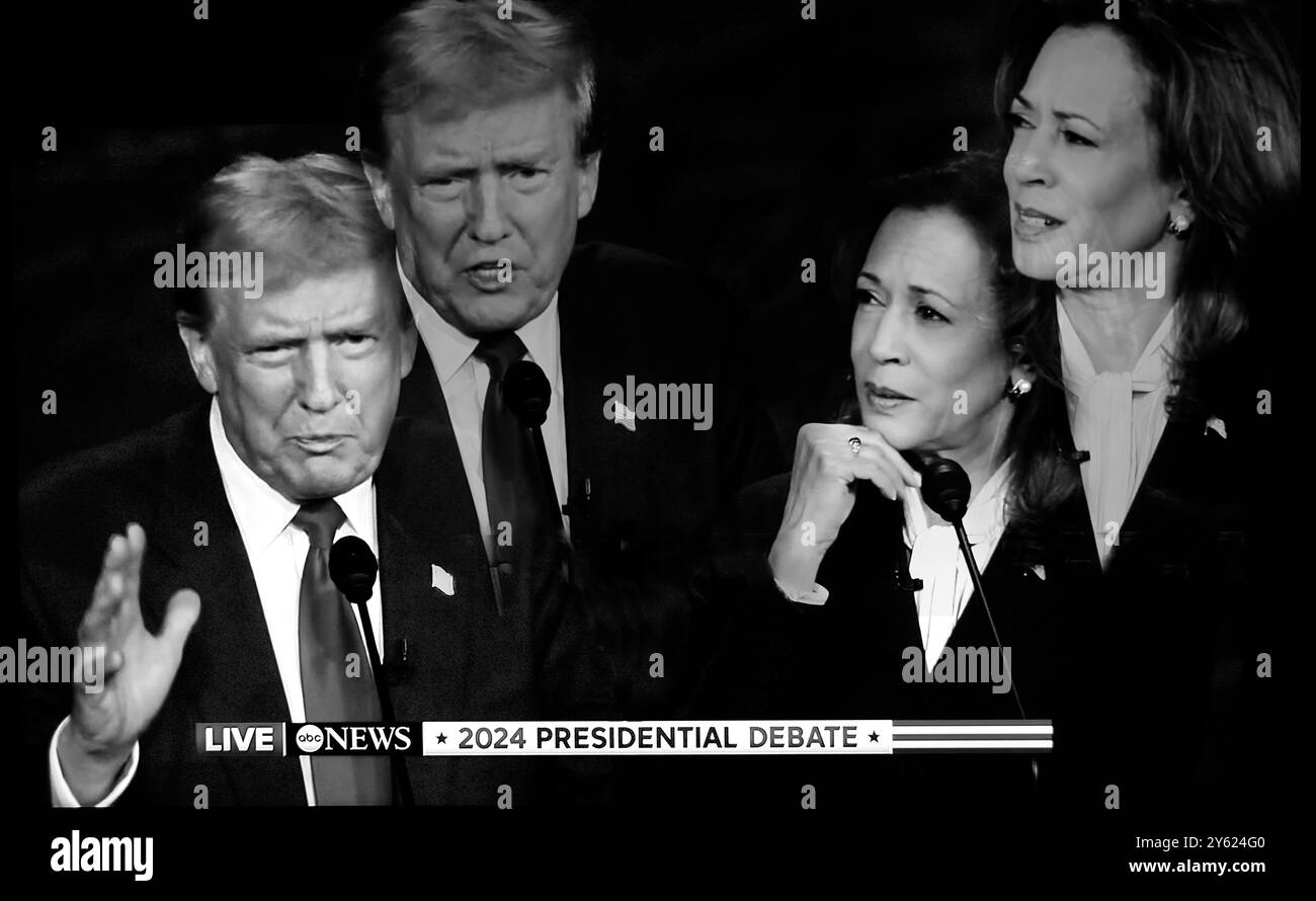 Double exposure of TV screenshots of the Sept. 10, 2024, presidential ...