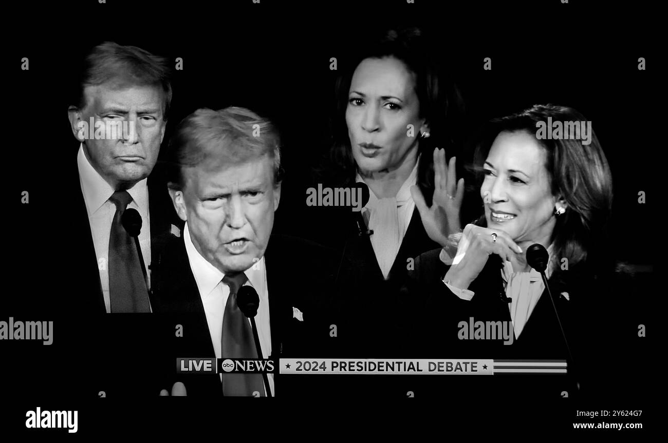 Double exposure of TV screenshots of the Sept. 10, 2024, presidential ...