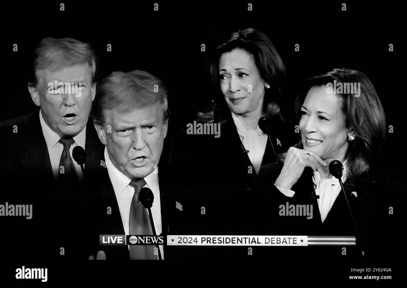 Double exposure of TV screenshots of the Sept. 10, 2024, presidential ...