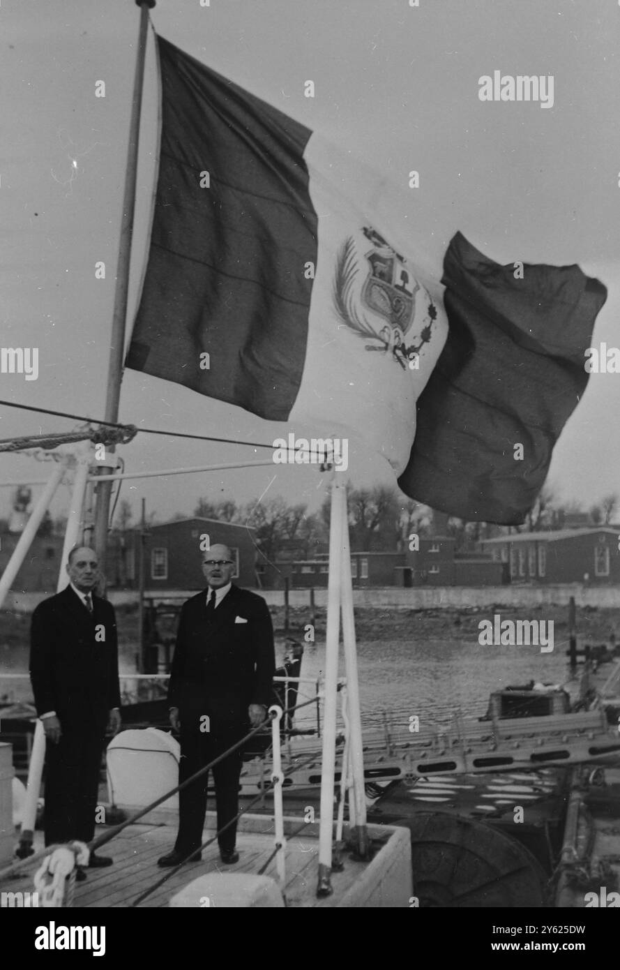 THE PERUVIAN AMBASSADOR RIVERA SCHREIBER ( RIGHT ) POSES ON DECK WITH ...
