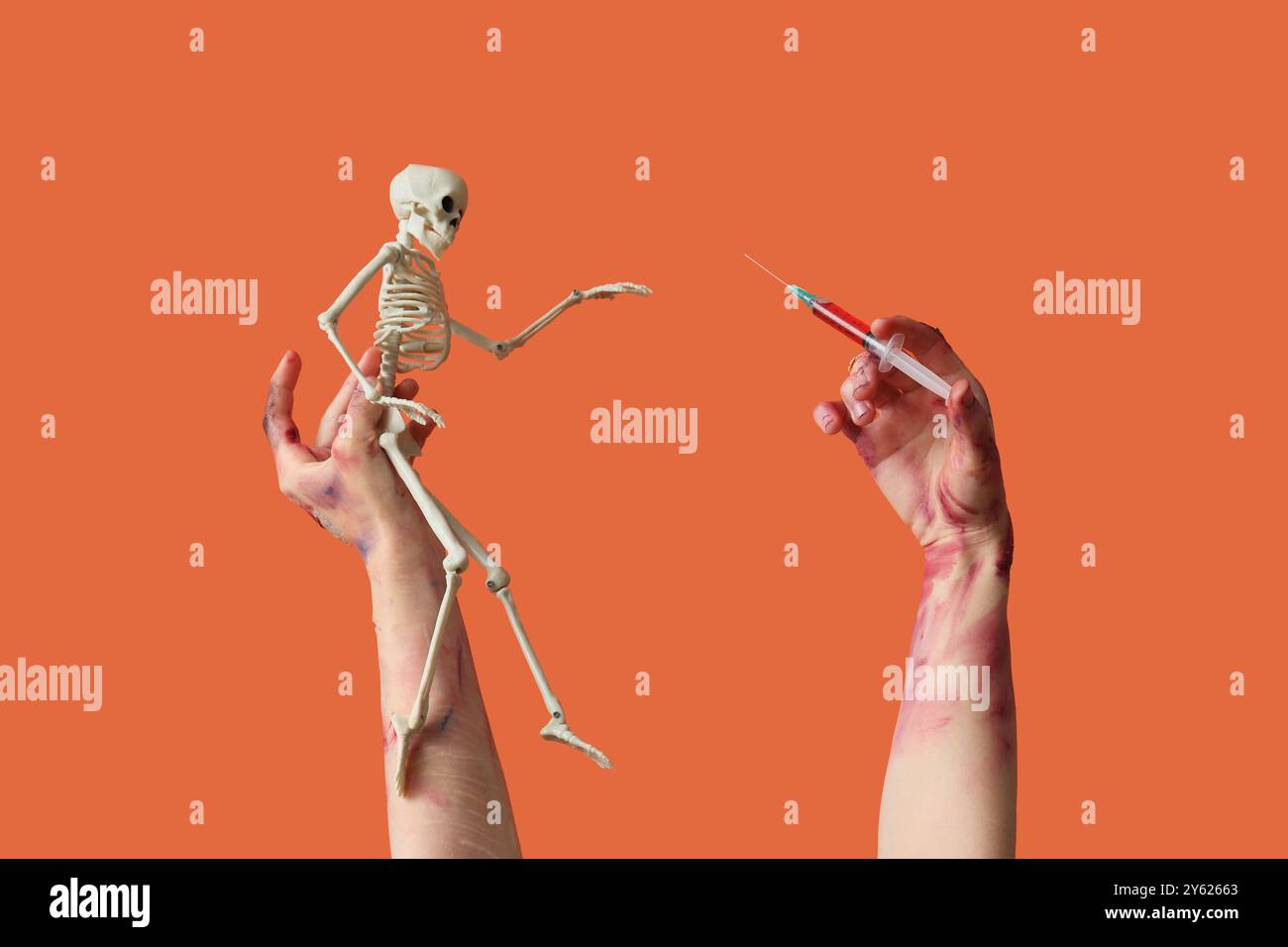 Zombie hands with skeleton and syringe on orange background. Halloween ...