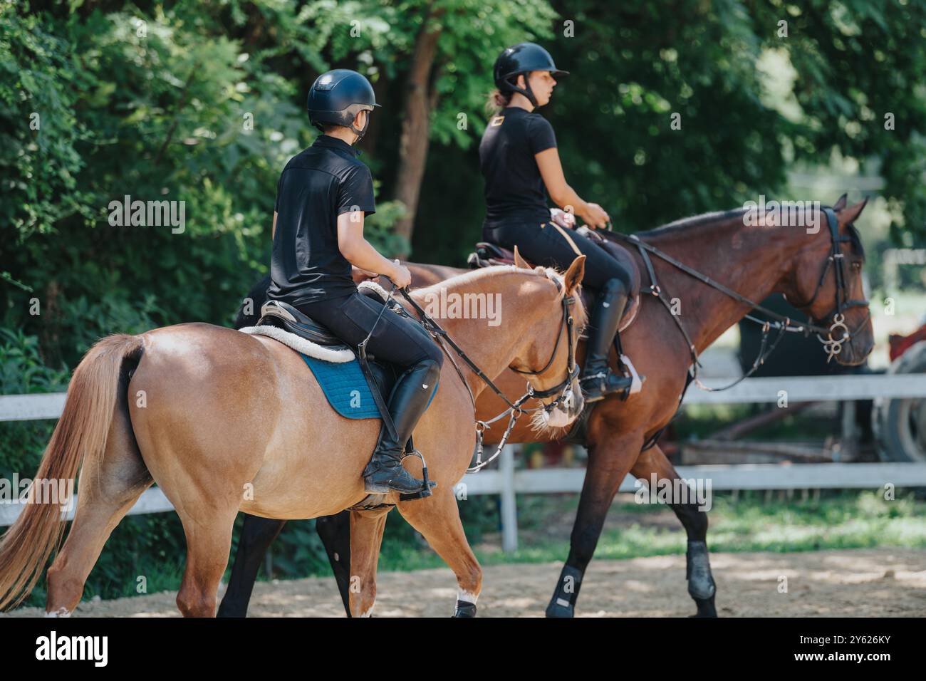 Two people riding horses in an outdoor equestrian arena Stock Photo - Alamy