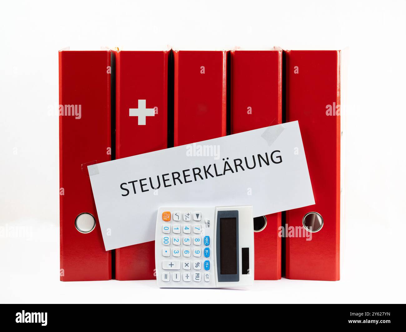 Concept for Swiss tax return. Office folders with Swiss flag symbol ...