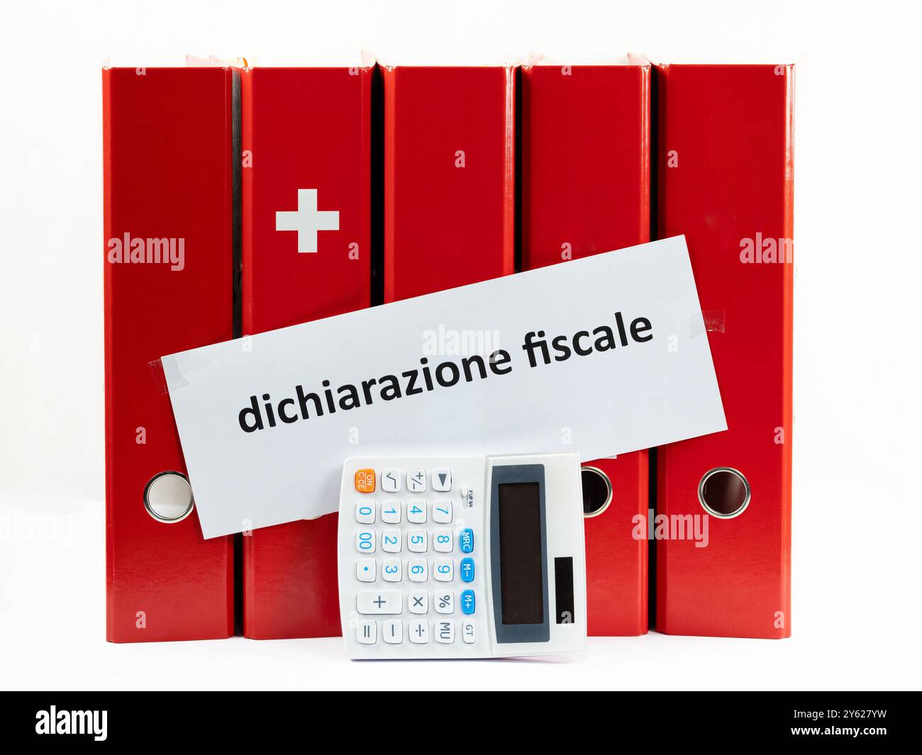 Concept for Swiss tax return. Office folders with Swiss flag symbol ...