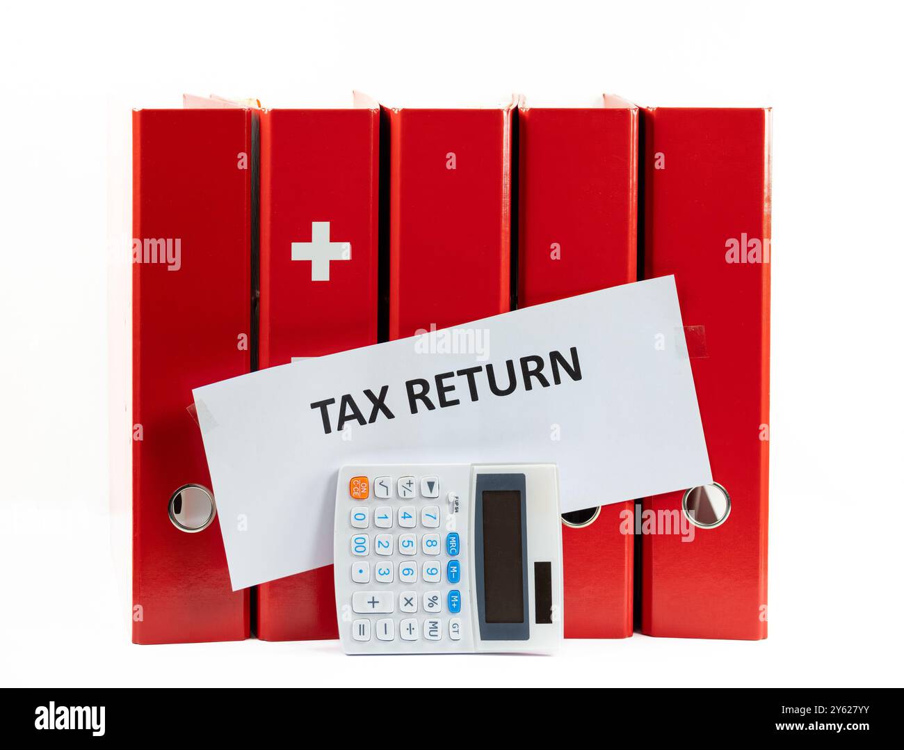 Concept for Swiss tax return. Office folders with Swiss flag symbol ...