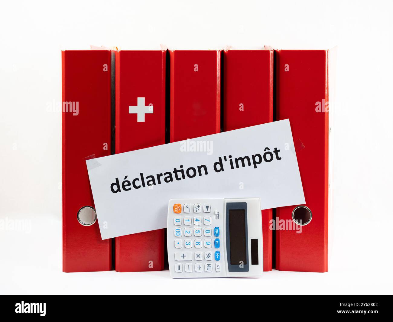 Concept for Swiss tax return. Office folders with Swiss flag symbol ...